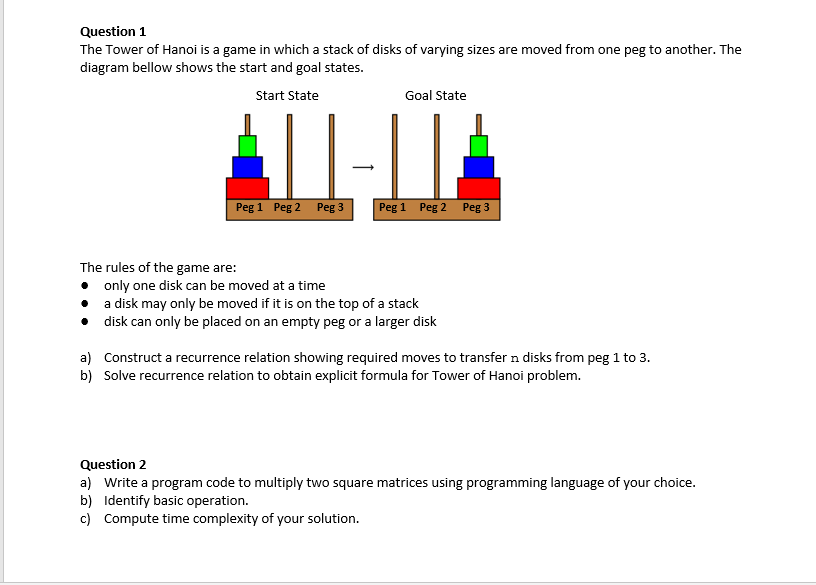 Solved Question 1 The Tower of Hanoi is a game in which a | Chegg.com