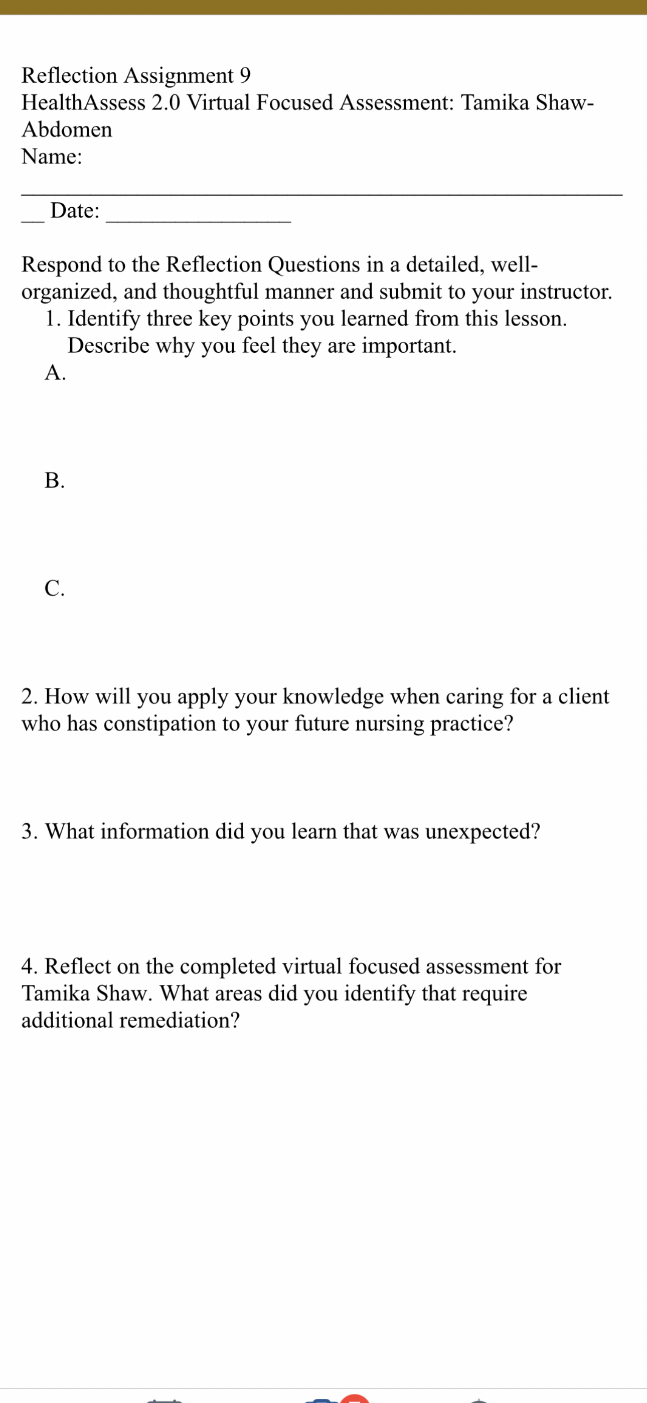Solved Reflection Assignment 9 HealthAssess 2.0 Virtual | Chegg.com