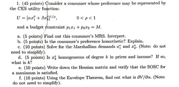 Solved = 1. (45 points) Consider a consumer whose preference | Chegg.com