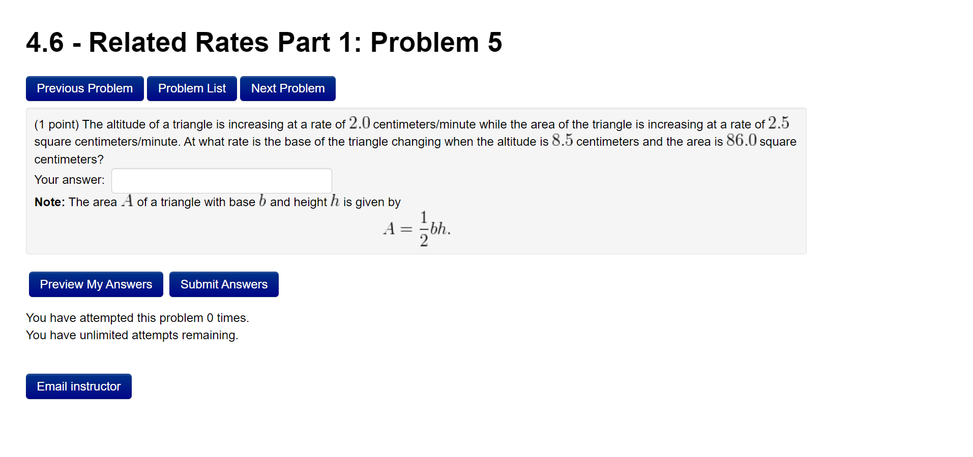 (1 point) The altitude of a triangle is increasing at | Chegg.com