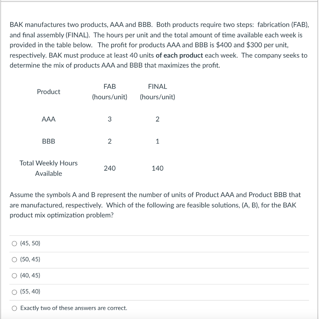 Solved BAK manufactures two products, AAA and BBB. Both | Chegg.com