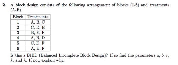 Solved A block design consists of the following arrangement | Chegg.com
