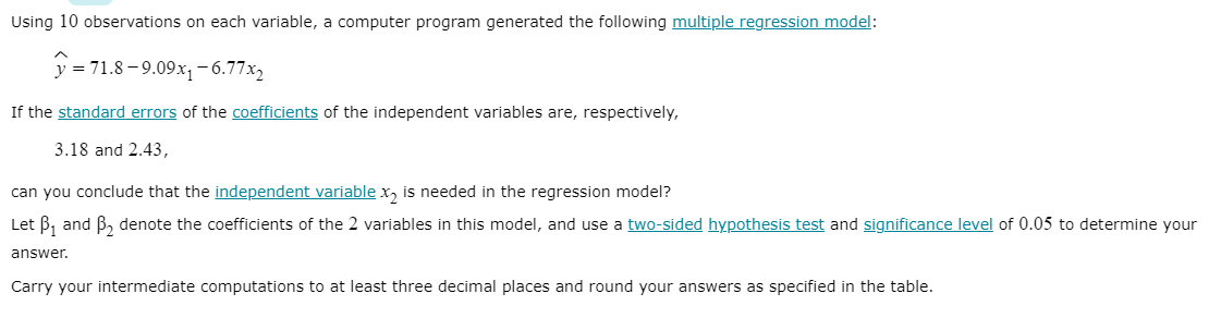 Solved Using 10 observations on each variable, a computer | Chegg.com