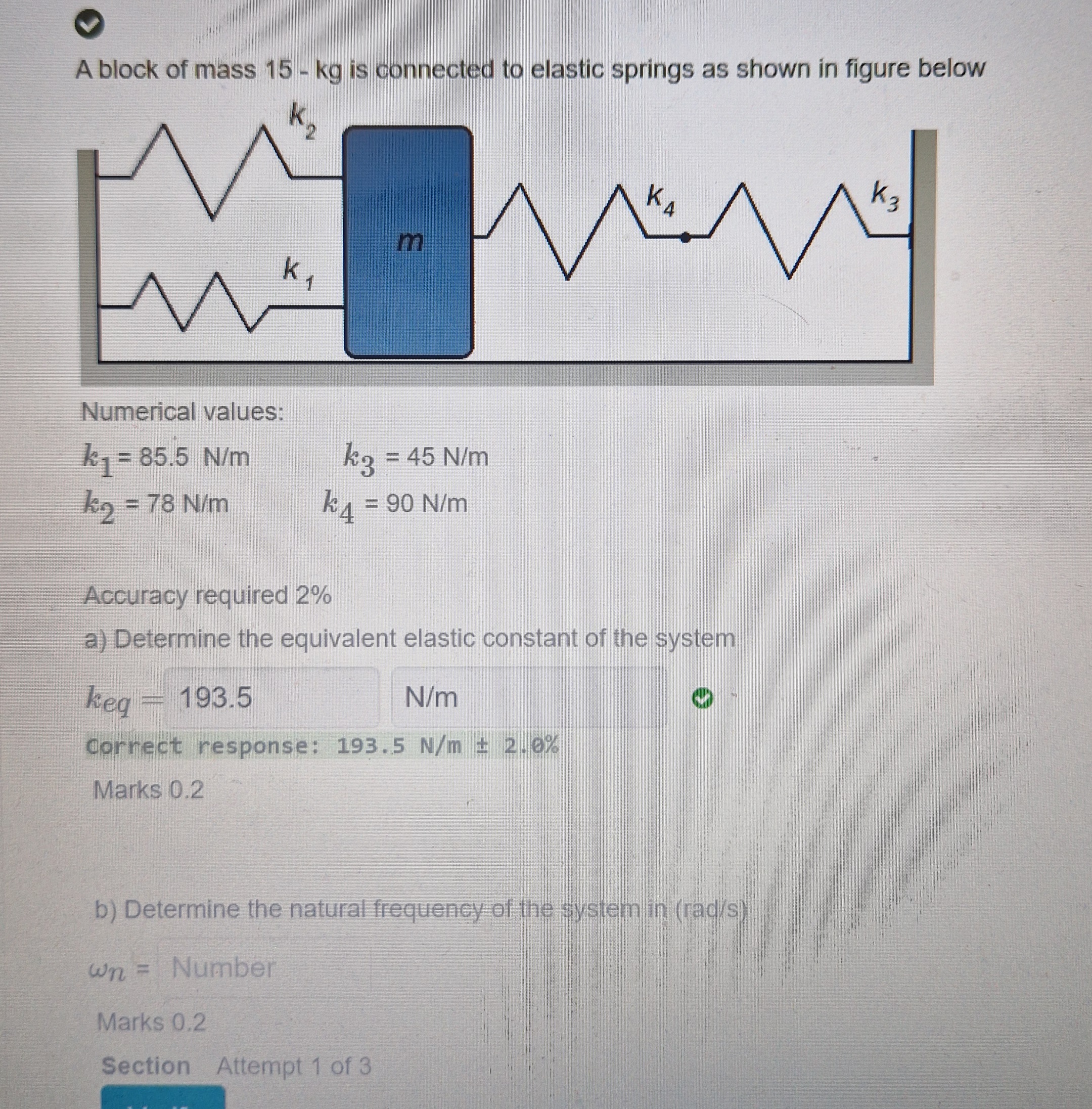 Solved A block of mass 15−kg is connected to elastic springs | Chegg.com
