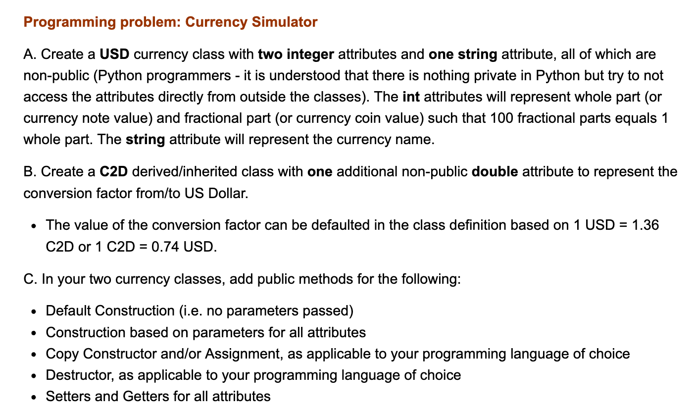 Solved Programming problem: Currency Simulator A. Create a | Chegg.com