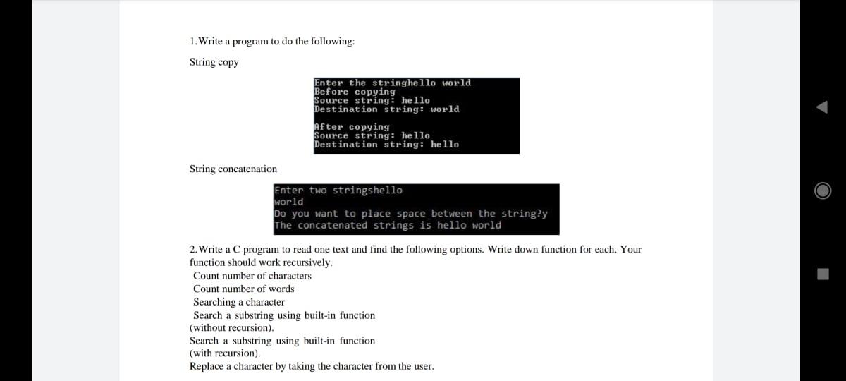 Solved 1. Write a program to do the following: String copy | Chegg.com