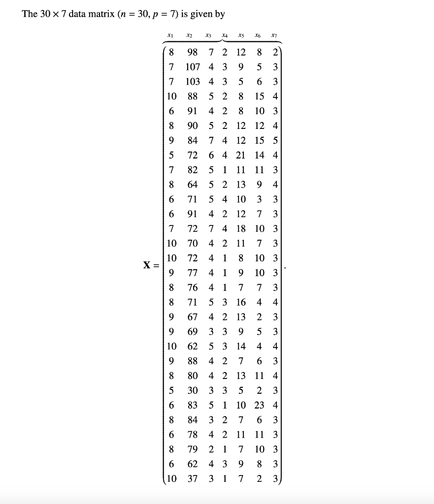 The 30×7 data matrix (n=30,p=7) is given byThe data | Chegg.com