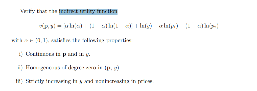 Solved Verify that the indirect utility function | Chegg.com