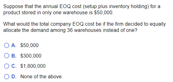 Solved Suppose that the annual EOQ cost (setup plus | Chegg.com