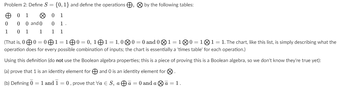 Solved Problem 2: Define S={0,1} and define the operations | Chegg.com