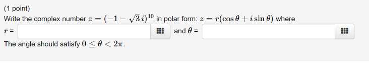 Solved = (1 point) Write the complex number z = (-1 – V3 i) | Chegg.com