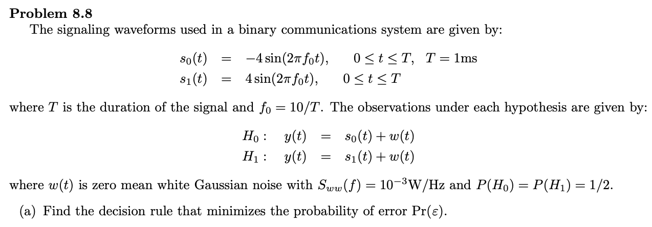 Solved Problem 8.8 The signaling waveforms used in a binary | Chegg.com
