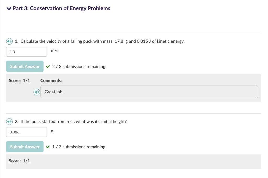 Solved Part 3: Conservation of Energy Problems 1. Calculate | Chegg.com