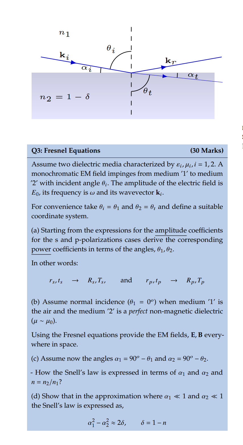 Solved Q3: Fresnel Equations (30 Marks) Assume two | Chegg.com