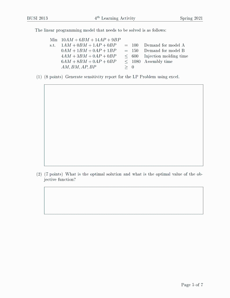 BUSI 2013 4th Learning Activity Spring 2021 | Chegg.com