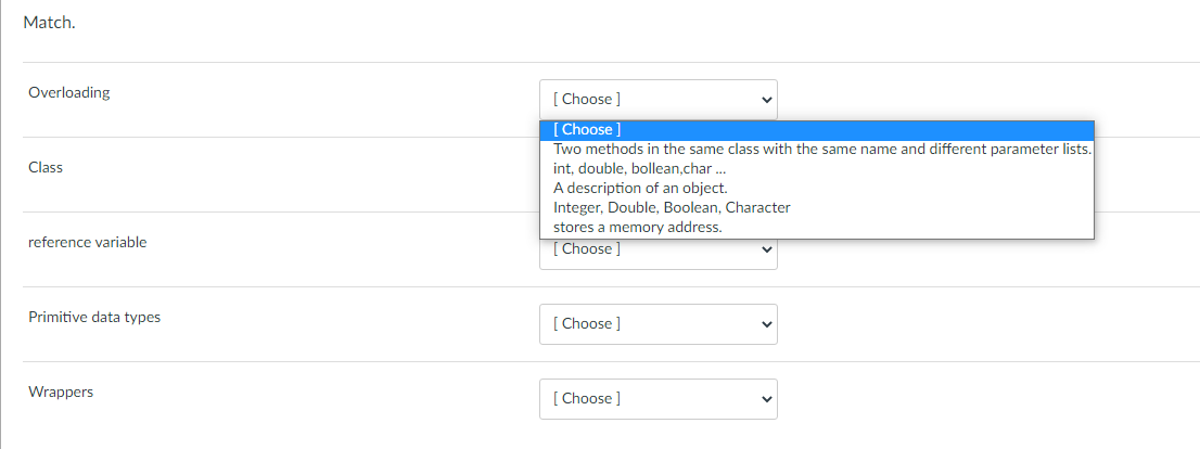 Solved Match. Overloading Class reference variable Primitive | Chegg.com