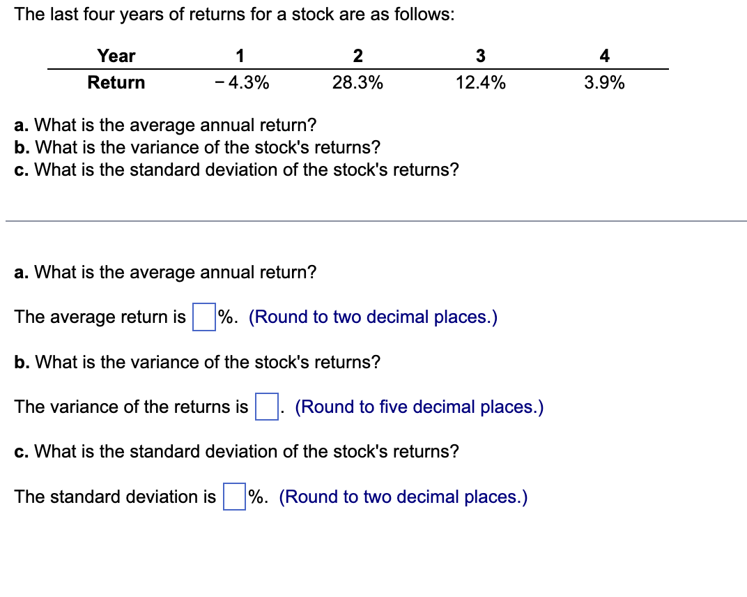 Solved The last four years of returns for a stock are as | Chegg.com