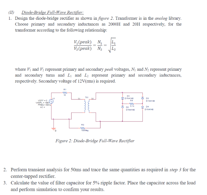Solved (II) Diode-Bridge Full-Wave Rectifier: 1. Design the | Chegg.com