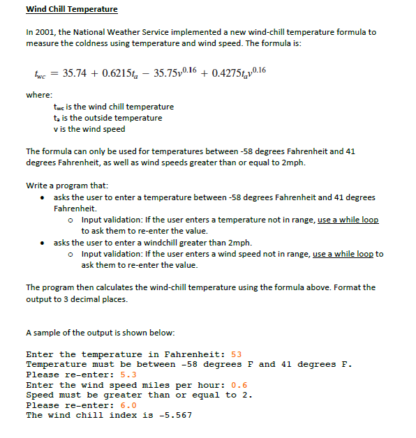 Solved Wind Chill Temperature In 2001, the National Weather | Chegg.com