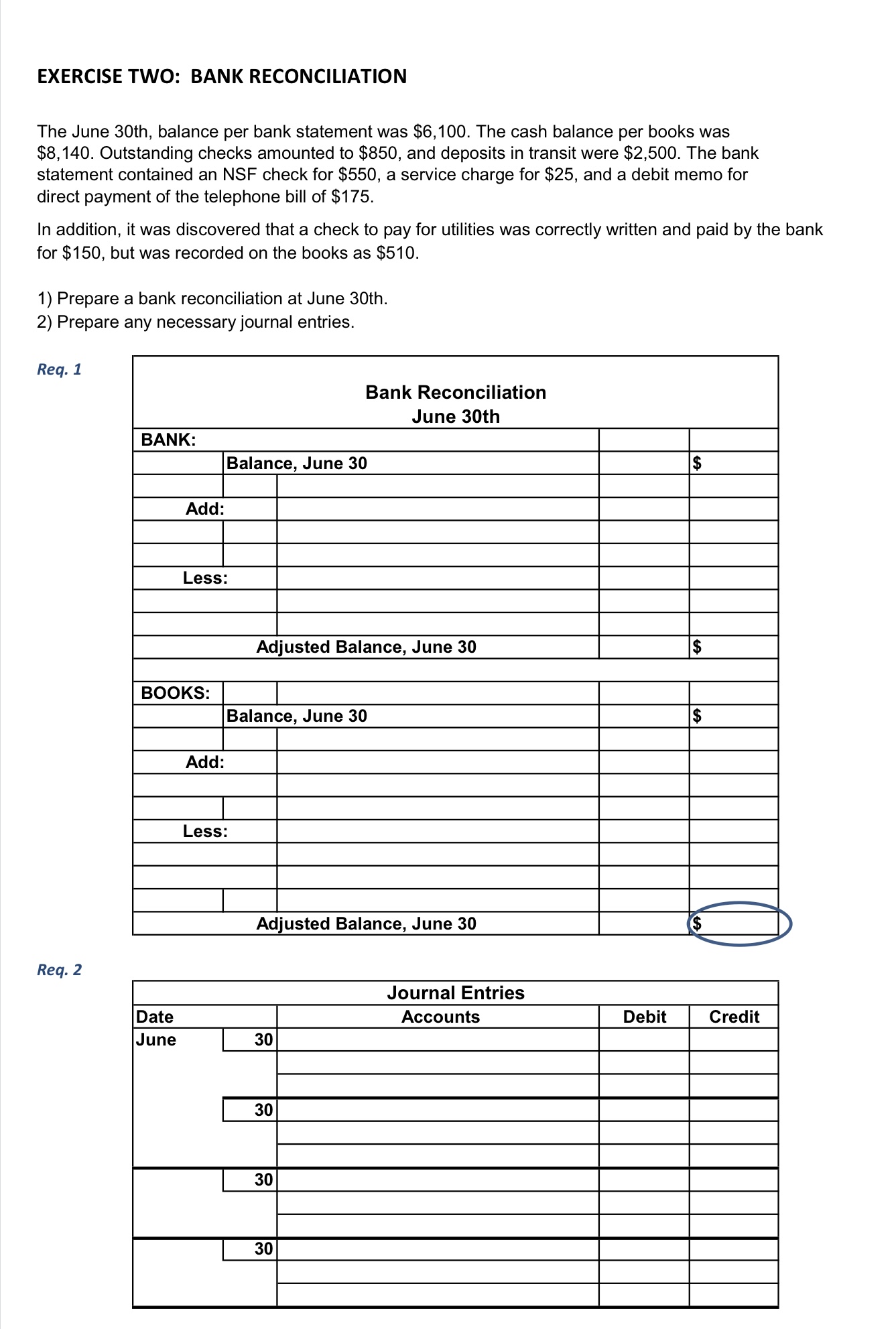 EXERCISE ONE: Bank Reconciliation Example Try | Chegg.com