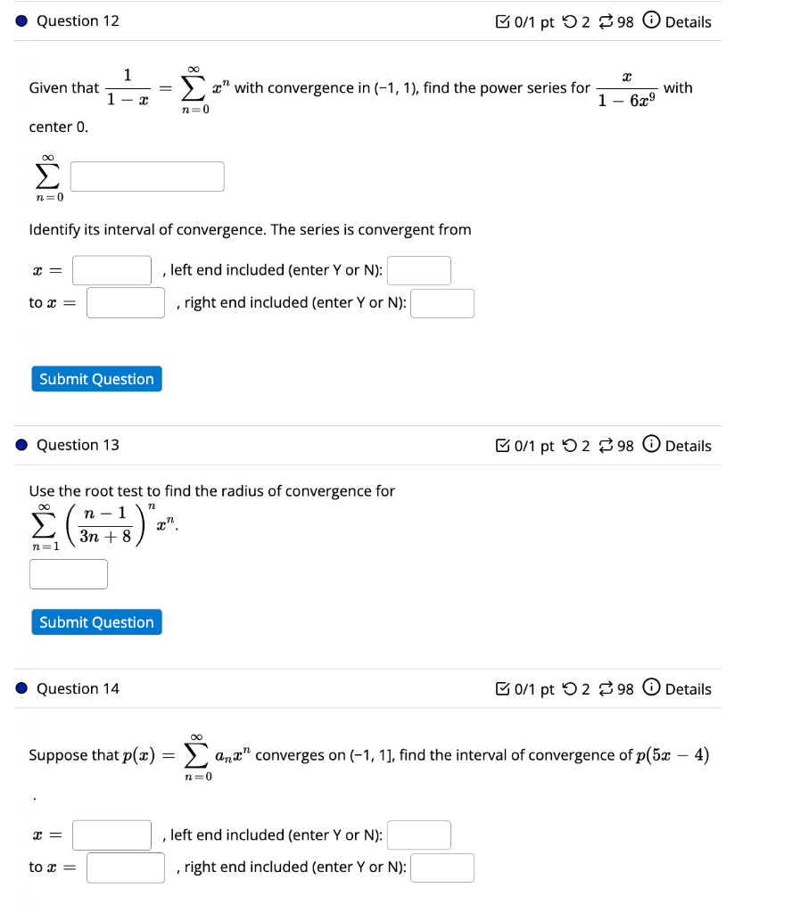 Solved Question 12 B0/1 pt 52 98 Details 1 2 Given that Ë x" | Chegg.com