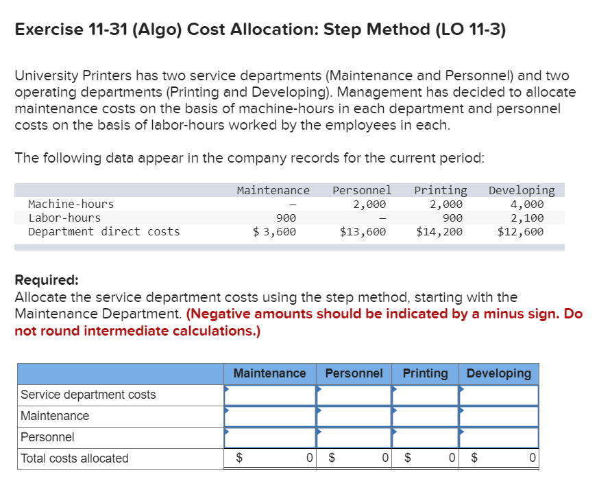 Solved Exercise 11-31 (Algo) ﻿Cost Allocation: Step Method | Chegg.com