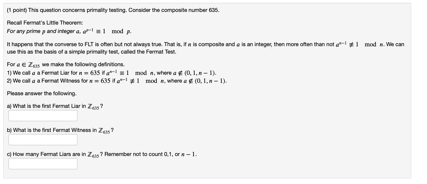 Solved (1 point) This question concerns primality testing. | Chegg.com