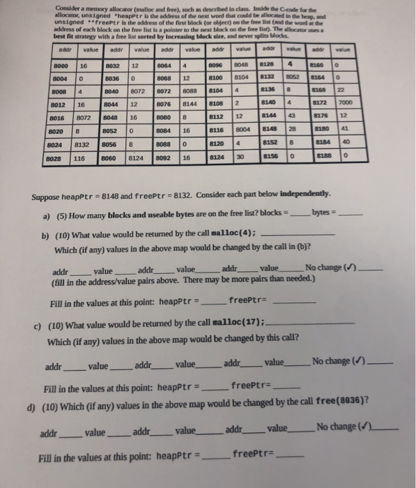 Consider a memory allocator (malloc and free), such | Chegg.com