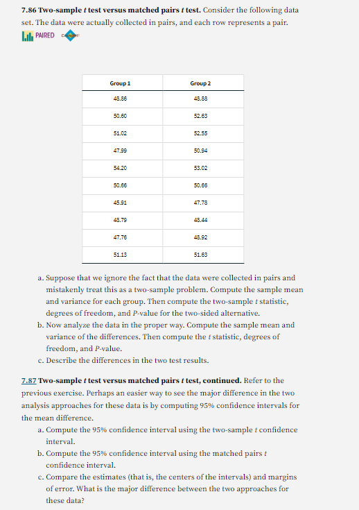 Solved 7.86 ﻿Two-sample \( ﻿t \) ﻿test versus matched pairs | Chegg.com