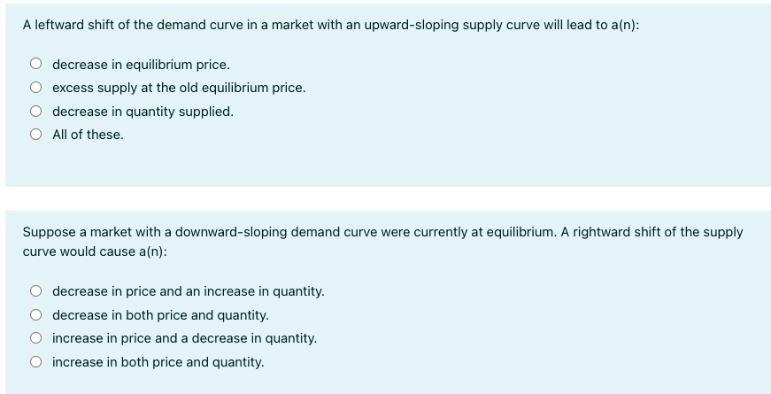 Solved A leftward shift of the demand curve in a market with | Chegg.com