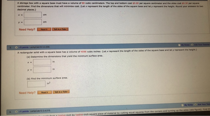 Solved A storage box with a square base must have volume of | Chegg.com