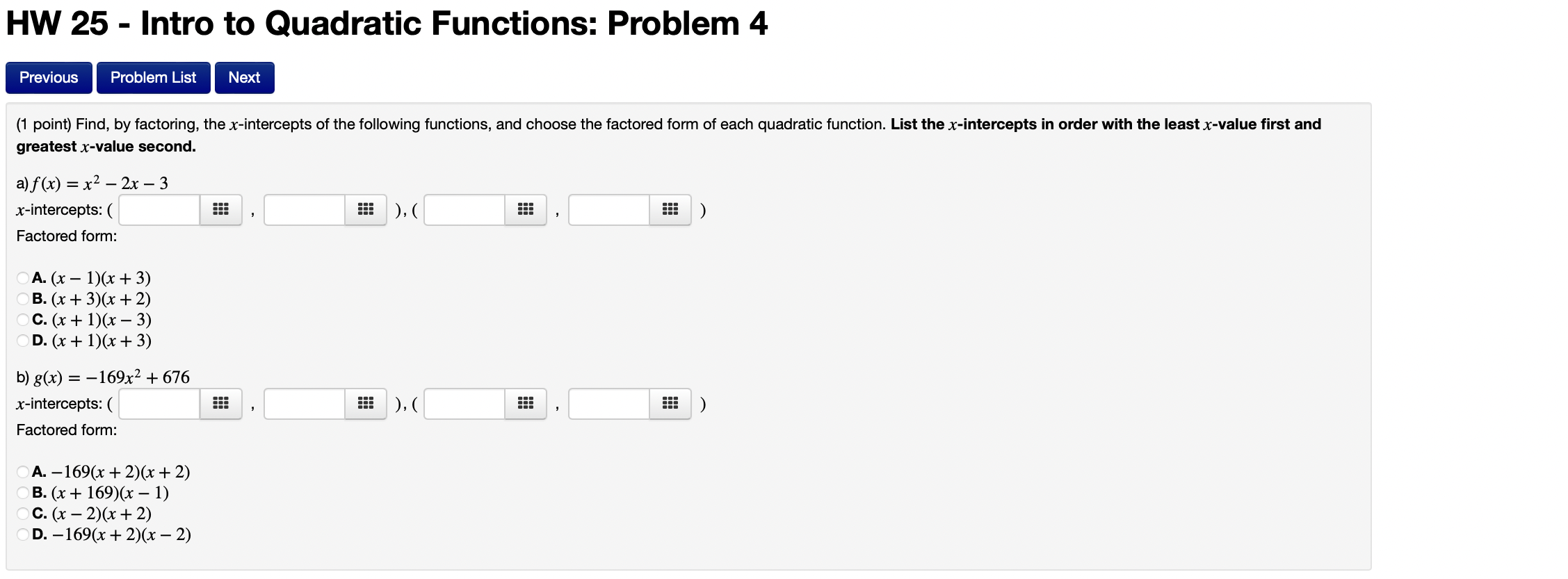 Solved HW 25 - Intro to Quadratic Functions: Problem 4 - | Chegg.com