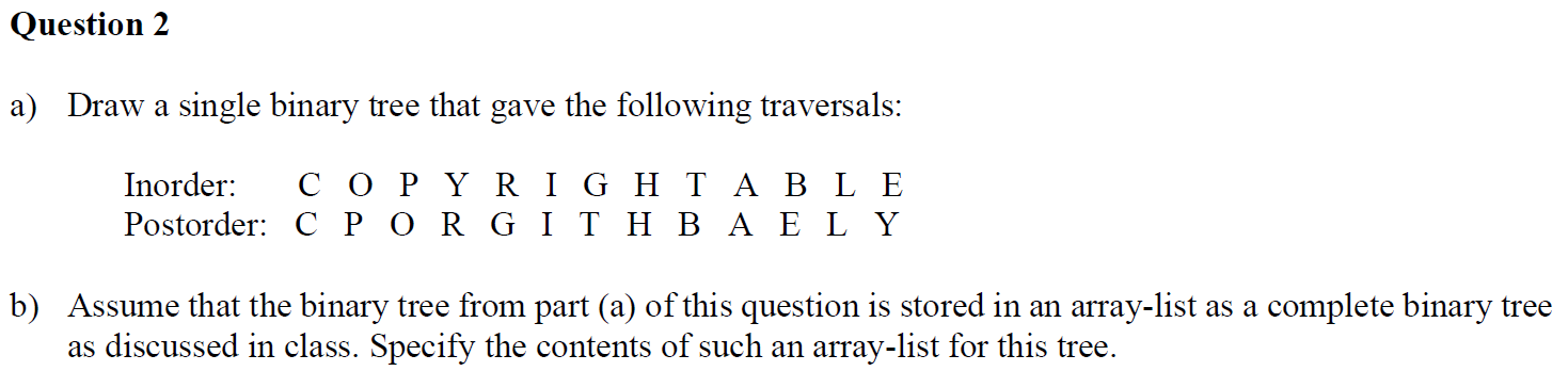 Solved Question 2 a) Draw a single binary tree that gave the | Chegg.com