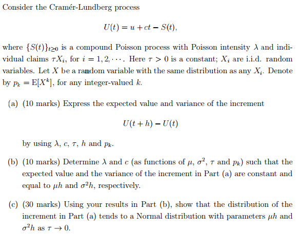Consider the Cramér-Lundberg process U(t) -u+ct - | Chegg.com