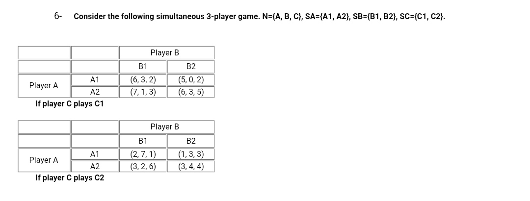 Solved 6- Consider the following simultaneous 3-player game. | Chegg.com