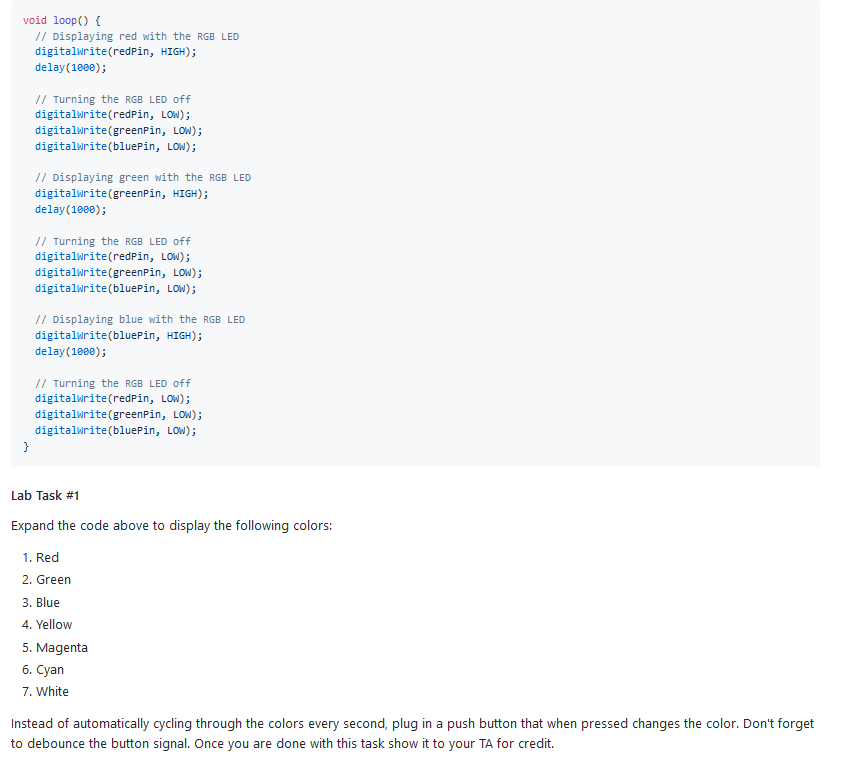 Using a button and a RGB led, write a code in Arduino | Chegg.com