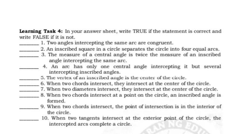 Solved Learning Task 4: In your answer sheet, write TRUE if | Chegg.com