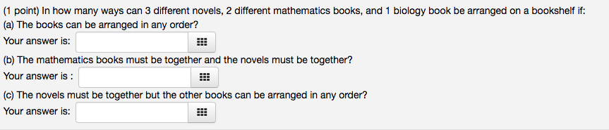 Solved (1 point) In how many ways can 3 different novels, 2 | Chegg.com