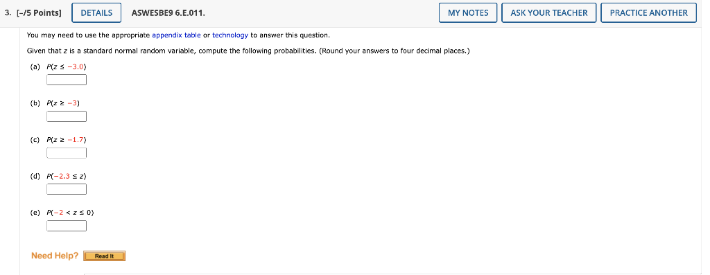 Solved 3. [-/5 Points) DETAILS ASWESBE9 6.E.011. MY NOTES | Chegg.com