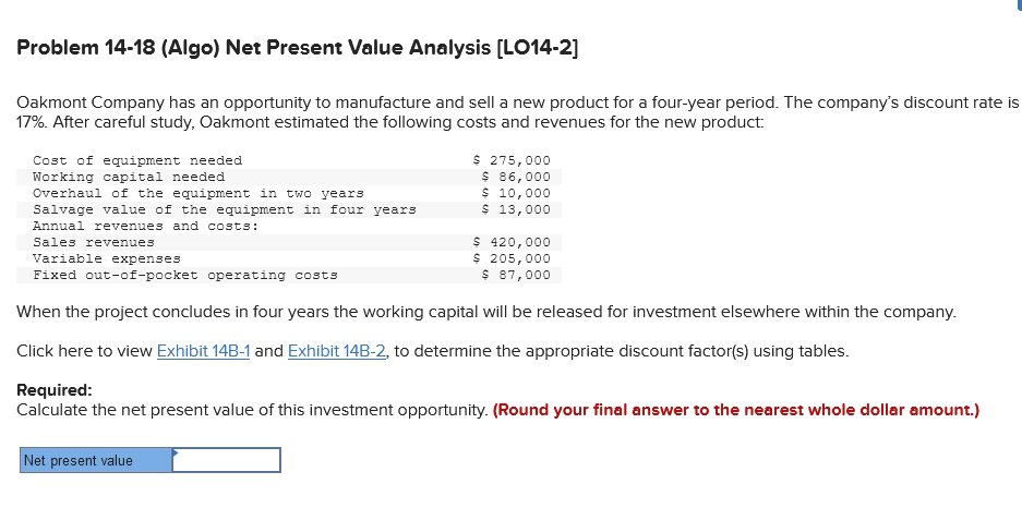 Solved Problem 14-18 (Algo) Net Present Value Analysis | Chegg.com