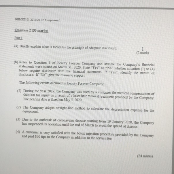 Solved BHM2101 2019/20 S2 Assamme Question 2 (50 marks) Part | Chegg.com