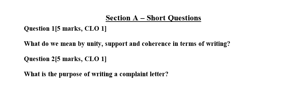 Solved Section A - Short Questions Question 1[5 marks, CLO | Chegg.com