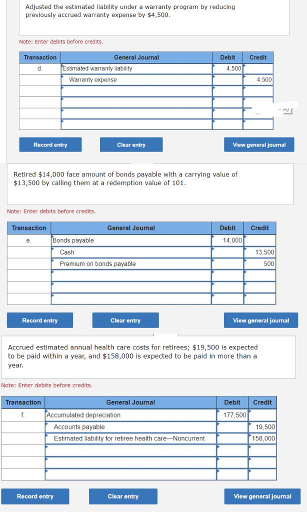 Adjusted the estimated liability under a warranty | Chegg.com