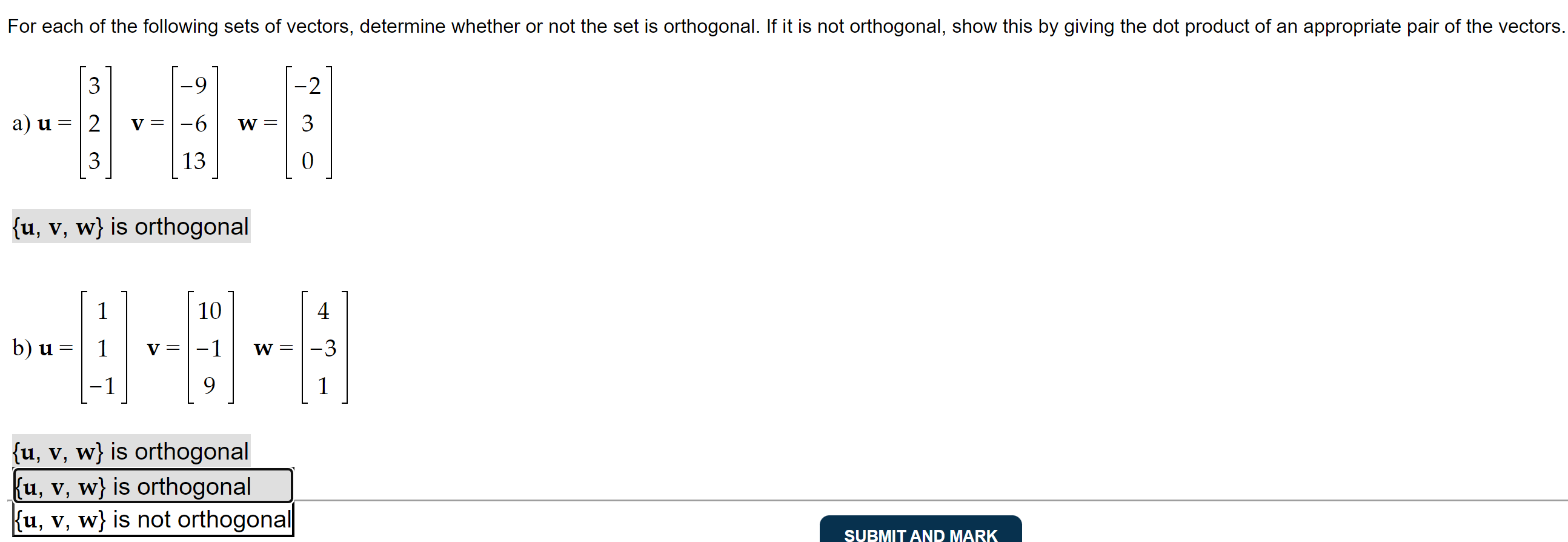 Solved For each of the following sets of vectors, determine | Chegg.com