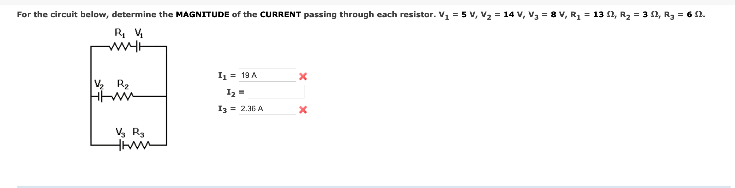 Solved I1I2I3=19 A==2.36 A | Chegg.com