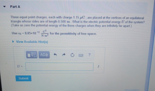 Solved PartA Three equal point charges, each with charge 1 | Chegg.com
