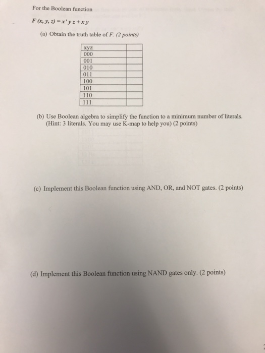 Solved For The Boolean Function Fx Y Z X Y Z Xy A 4983