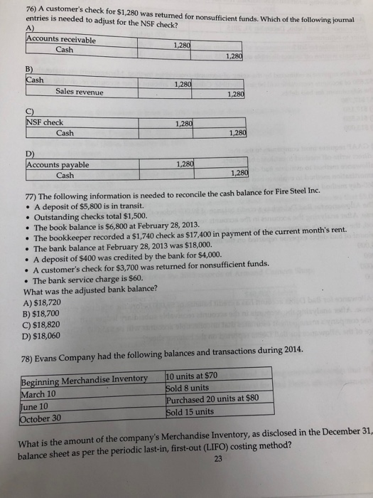 Solved 76) A customer's check for $1,280 was returned for | Chegg.com