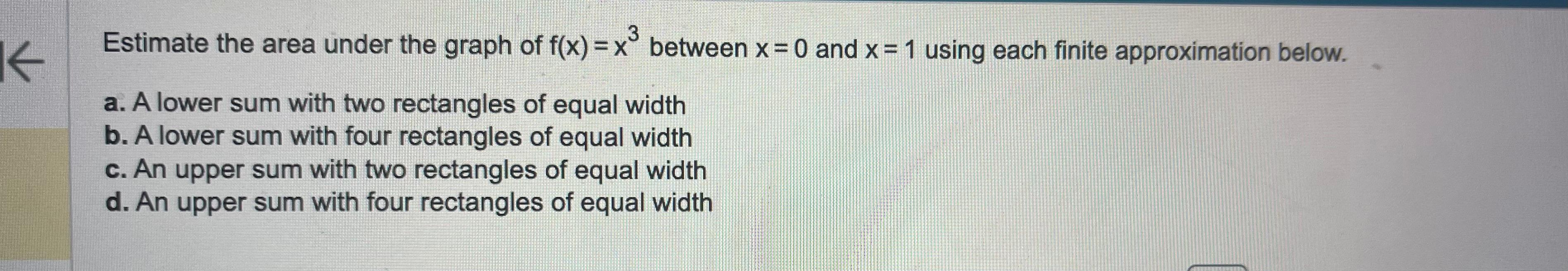 Solved Estimate the area under the graph of f(x)=x3 between | Chegg.com