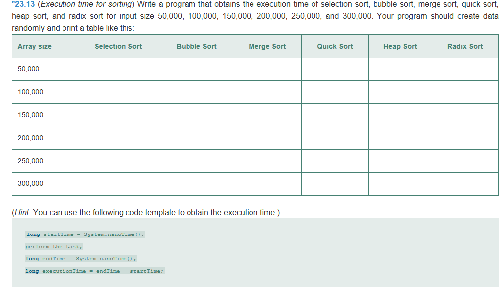 Solved *23.13 (Execution time for sorting) Write a program | Chegg.com